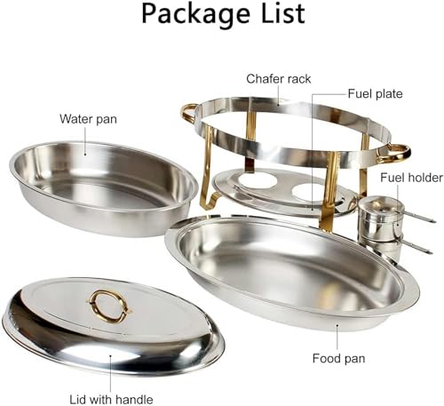6 Quart Gold Accented Oval Chafing Dish, Full Size Stainless Steel Chafer and Buffet Food Warmers Sets Tray Buffet Catering for Banquets Party (1)