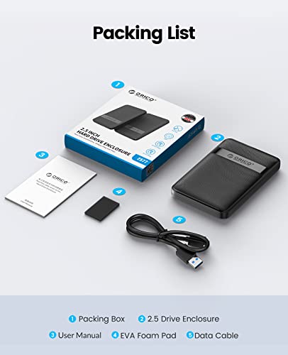 ORICO 2.5'' Hard Drive Enclosure, Upgraded Tool-Free 5Gbps USB 3.0 to SATA External Hard Drive Case for 2.5 Inch 7mm 9.5mm SSD HDD Max 6TB, UASP Supported, Black(2577U3)