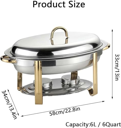 6 Quart Gold Accented Oval Chafing Dish, Full Size Stainless Steel Chafer and Buffet Food Warmers Sets Tray Buffet Catering for Banquets Party (1)