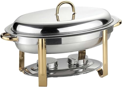 6 Quart Gold Accented Oval Chafing Dish, Full Size Stainless Steel Chafer and Buffet Food Warmers Sets Tray Buffet Catering for Banquets Party (1)