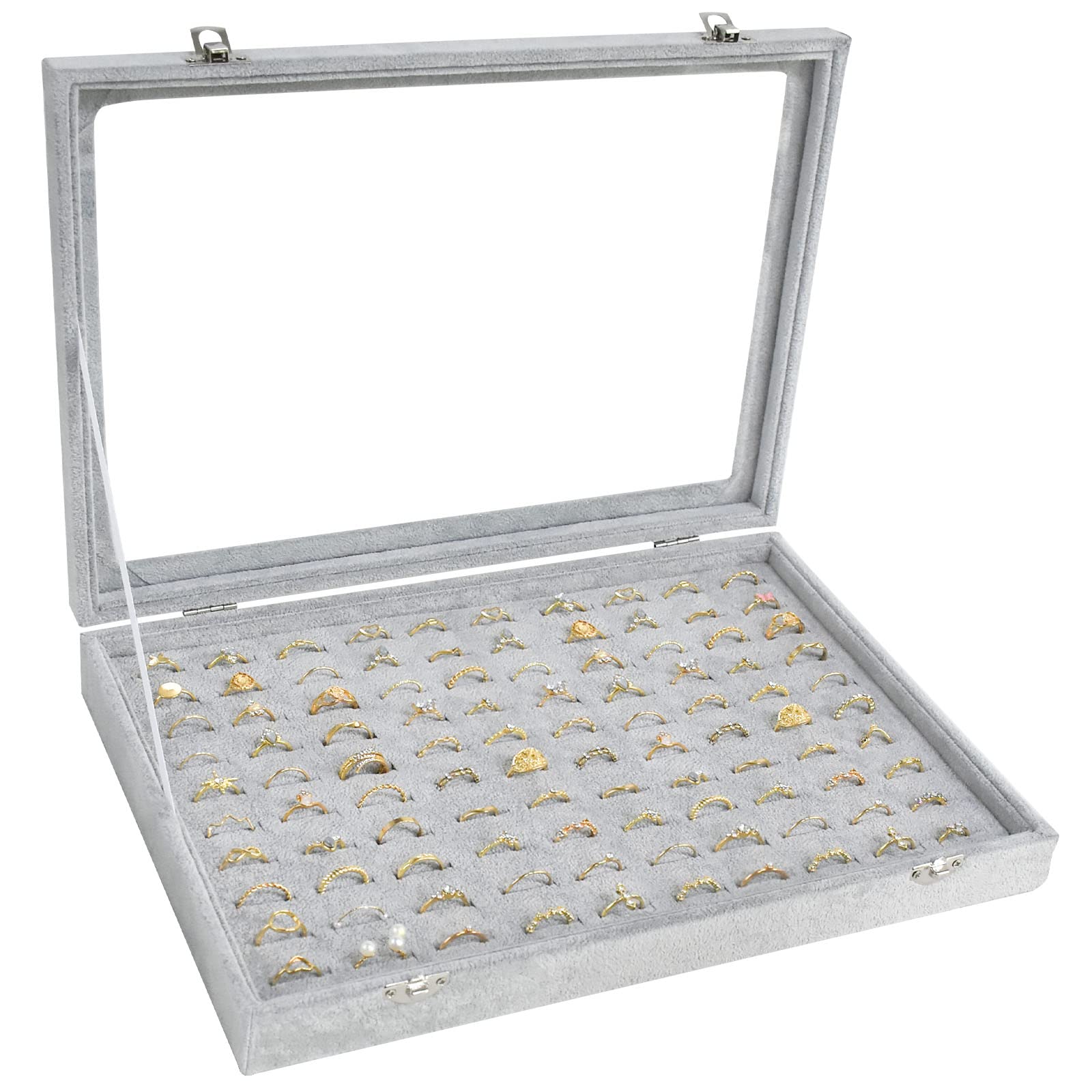 Siveit Ring Display Case Organizer Box with Transparent Lid 100 Slot Holder Showcase For Store Display Jewelry Show Home Organizer For Jewelry Rings Studs Earrings (Grey)