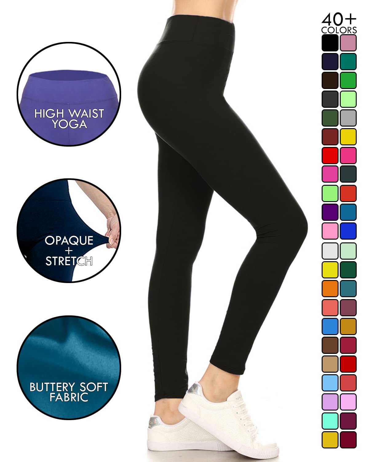Leggings Depot Women's 3" Waistband Yoga High Waisted Solid Leggings Pants (Full Length, Black, One Size)