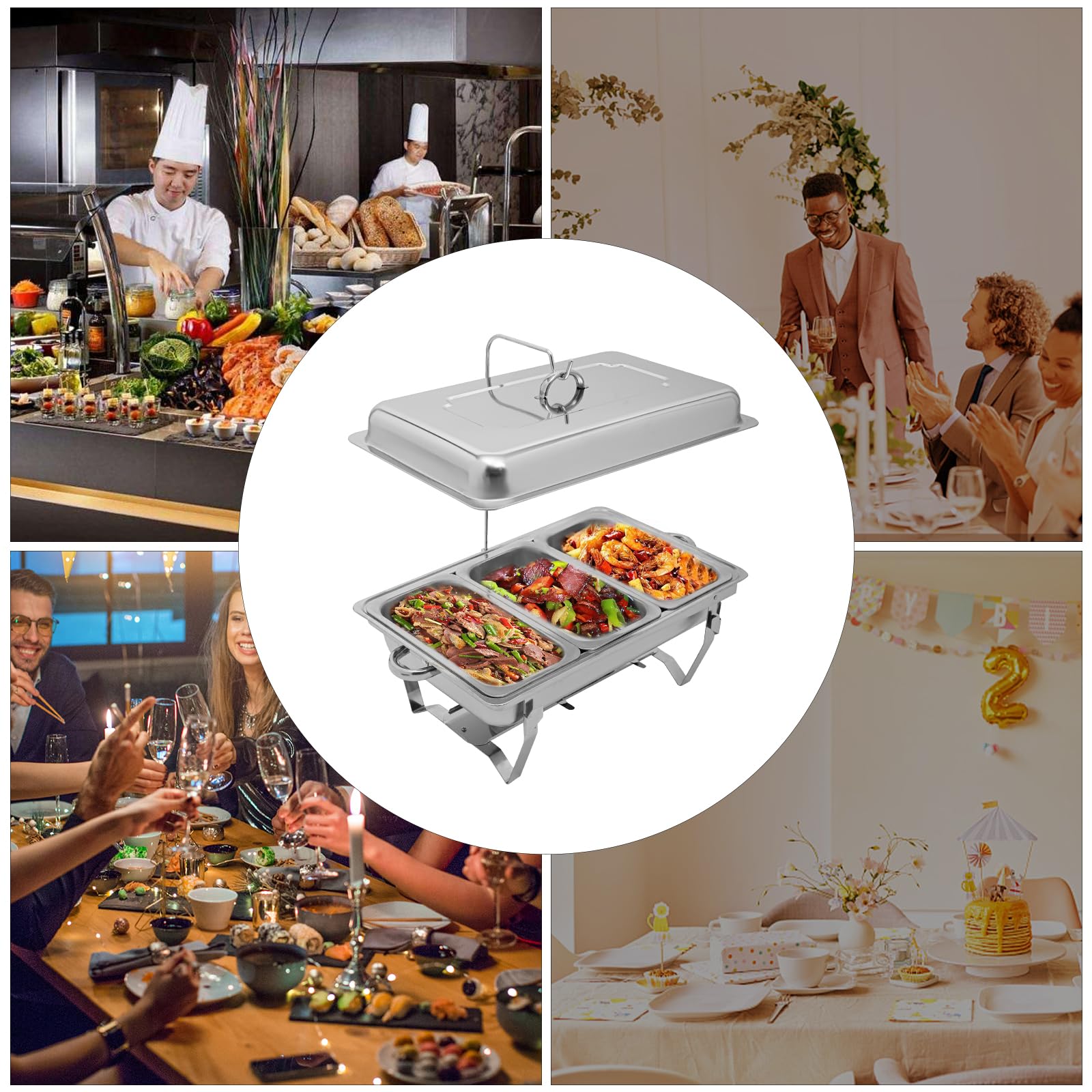 LOHISHILO Stainless Steel Chafing Dish with 3 Food Pans Catering Buffet Warmer Tray Party Foldable Frame Buffet Set, for Party, Restaurants, Hotels, Schools, Offices, Food Trucks,Cafeterias(Silver)