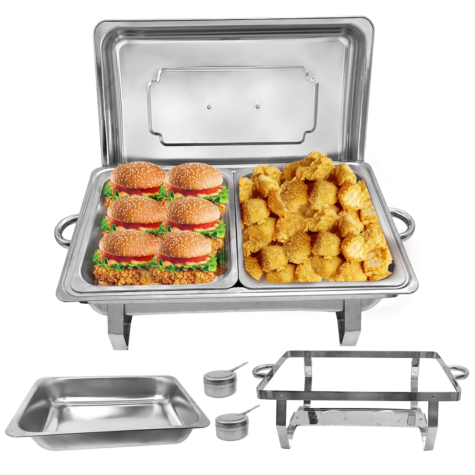 EVGTTI Chafing Dish Buffet Set, 2 Pack 8 Qt, Stainless Chafer w/ 4 Half Size Pans, Rectangle Catering Warmer Server w/Lid Water Pan Folding Stand Fuel Tray Holder Clip, at Least 8 People Each