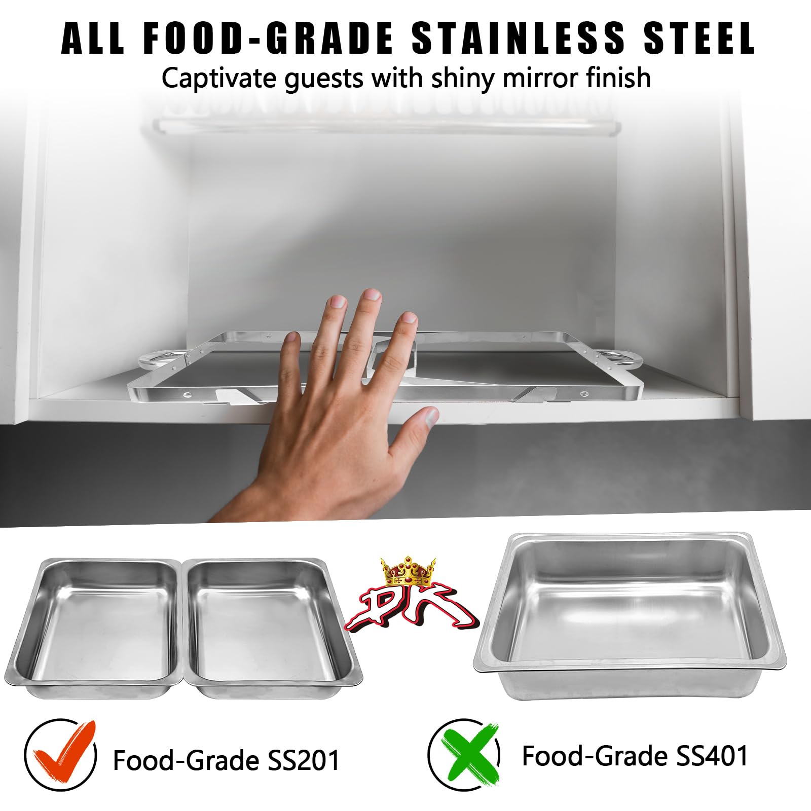 EVGTTI Chafing Dish Buffet Set, 2 Pack 8 Qt, Stainless Chafer w/ 4 Half Size Pans, Rectangle Catering Warmer Server w/Lid Water Pan Folding Stand Fuel Tray Holder Clip, at Least 8 People Each