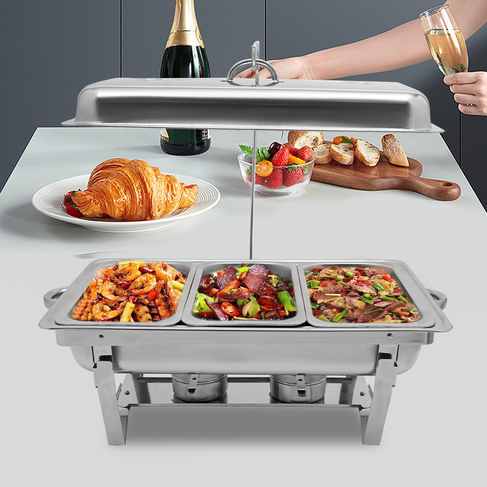 LOHISHILO Stainless Steel Chafing Dish with 3 Food Pans Catering Buffet Warmer Tray Party Foldable Frame Buffet Set, for Party, Restaurants, Hotels, Schools, Offices, Food Trucks,Cafeterias(Silver)