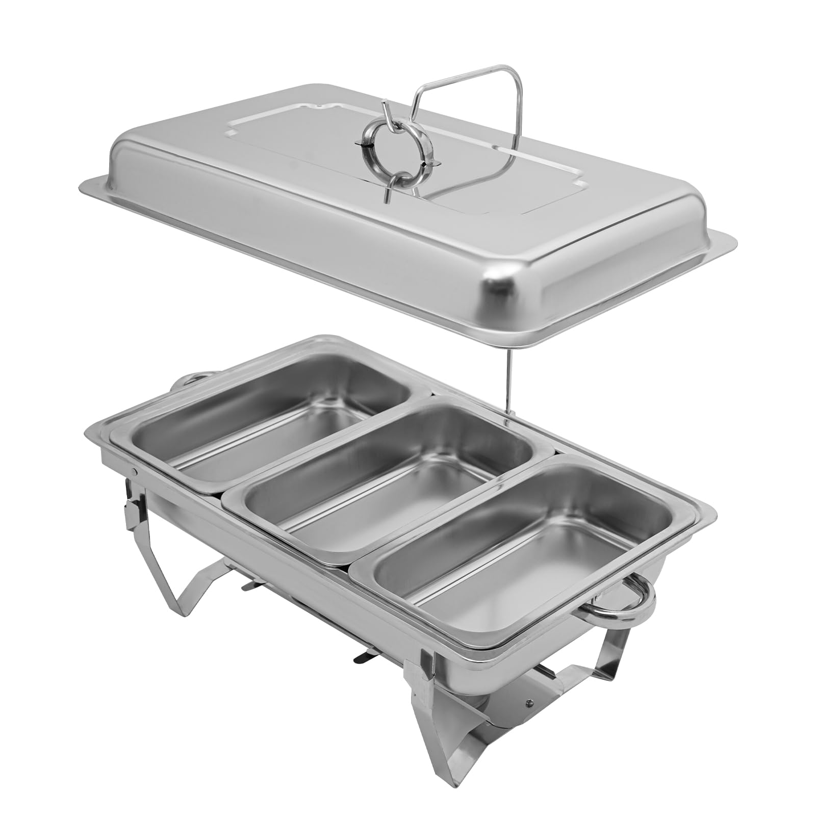 LOHISHILO Stainless Steel Chafing Dish with 3 Food Pans Catering Buffet Warmer Tray Party Foldable Frame Buffet Set, for Party, Restaurants, Hotels, Schools, Offices, Food Trucks,Cafeterias(Silver)