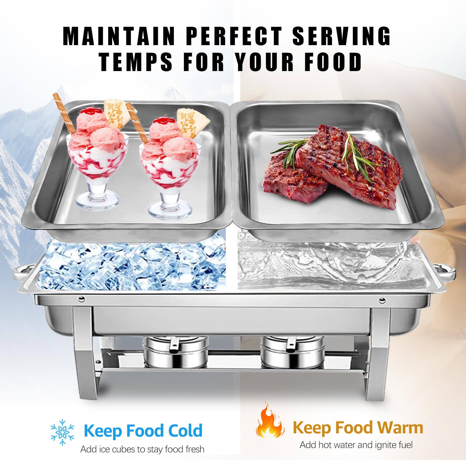 EVGTTI Chafing Dish Buffet Set, 2 Pack 8 Qt, Stainless Chafer w/ 4 Half Size Pans, Rectangle Catering Warmer Server w/Lid Water Pan Folding Stand Fuel Tray Holder Clip, at Least 8 People Each