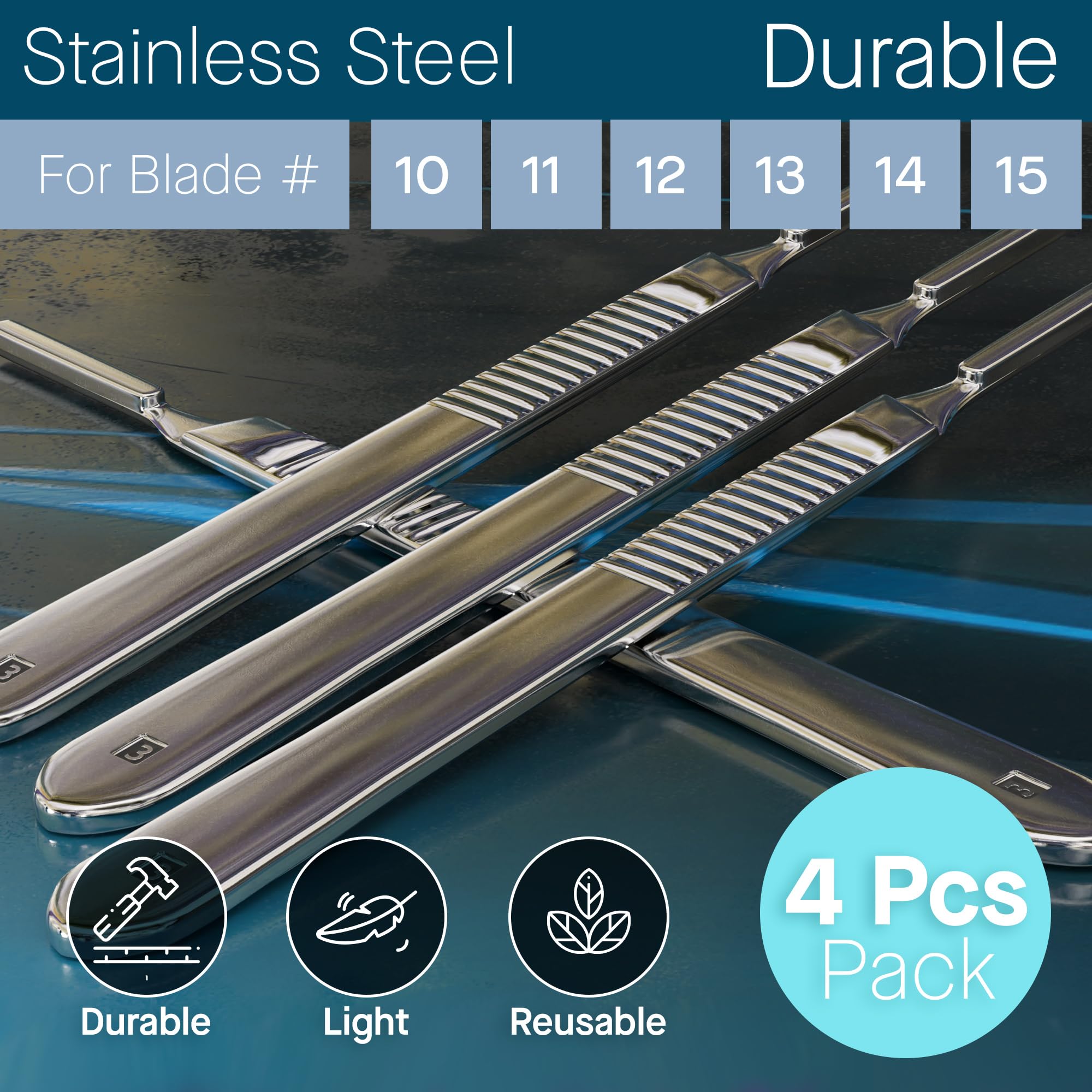 Pack of 4 Scalpel Handle # 3, Premium Quality, Rust Proof Stainless Steel Scalpel Knife Handle, Lightweight and Durable,Fits Surgical Blades No. 10, 11, 12, 13, 14 and 15