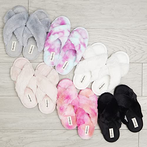 Dearfoams womens Jessica Furry Cross Band Slide Slipper, Black, Large US