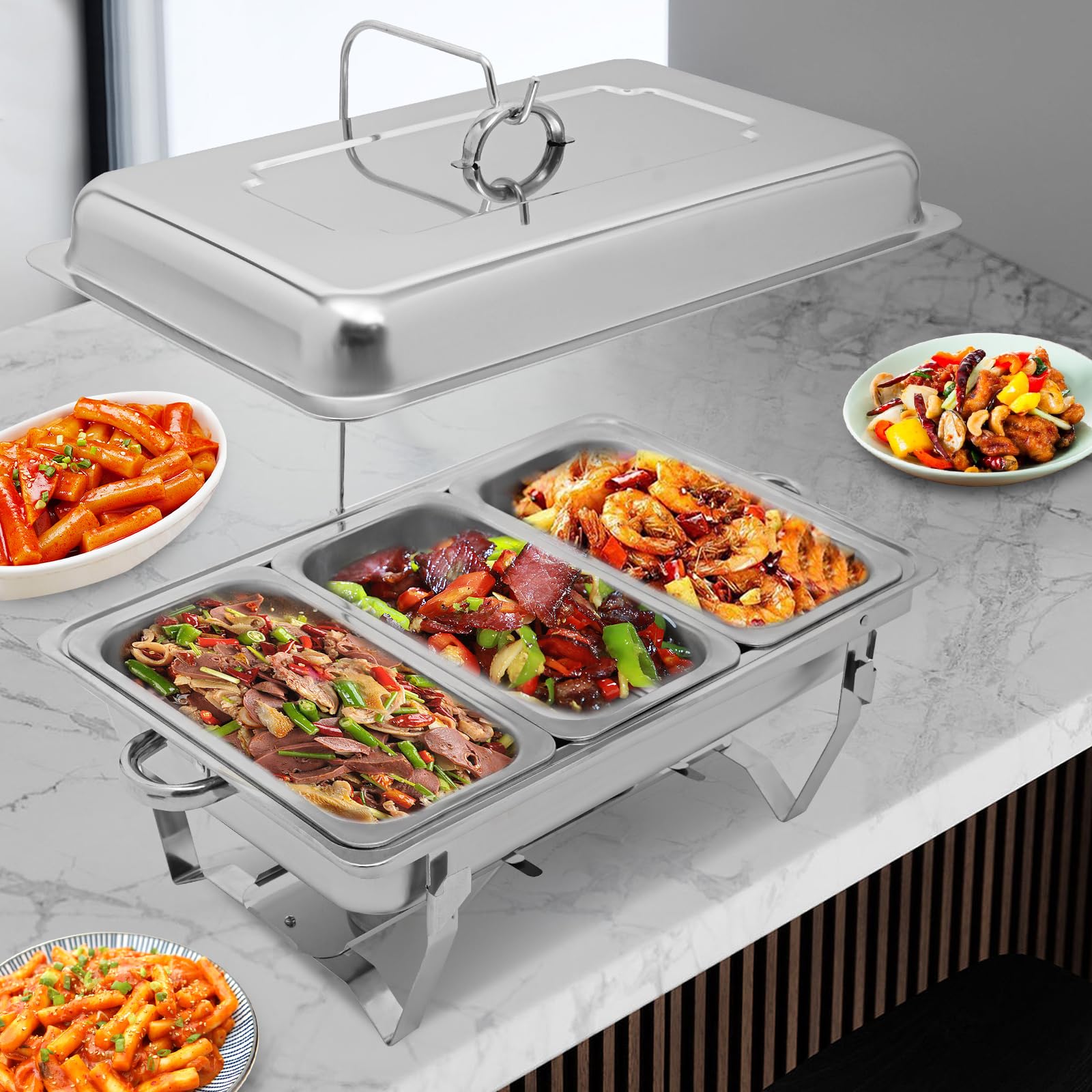 LOHISHILO Stainless Steel Chafing Dish with 3 Food Pans Catering Buffet Warmer Tray Party Foldable Frame Buffet Set, for Party, Restaurants, Hotels, Schools, Offices, Food Trucks,Cafeterias(Silver)