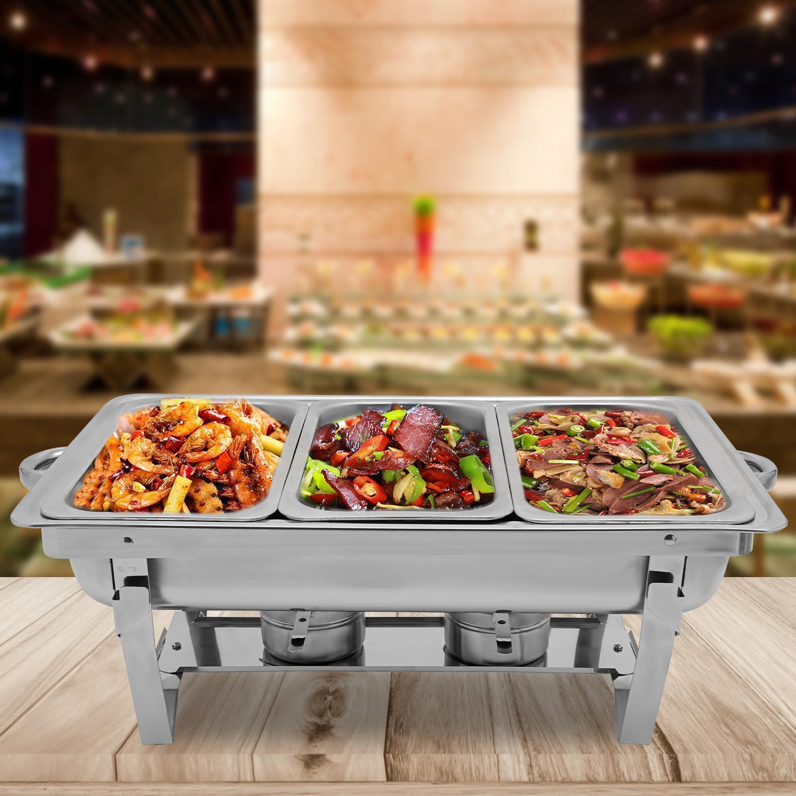 LOHISHILO Stainless Steel Chafing Dish with 3 Food Pans Catering Buffet Warmer Tray Party Foldable Frame Buffet Set, for Party, Restaurants, Hotels, Schools, Offices, Food Trucks,Cafeterias(Silver)