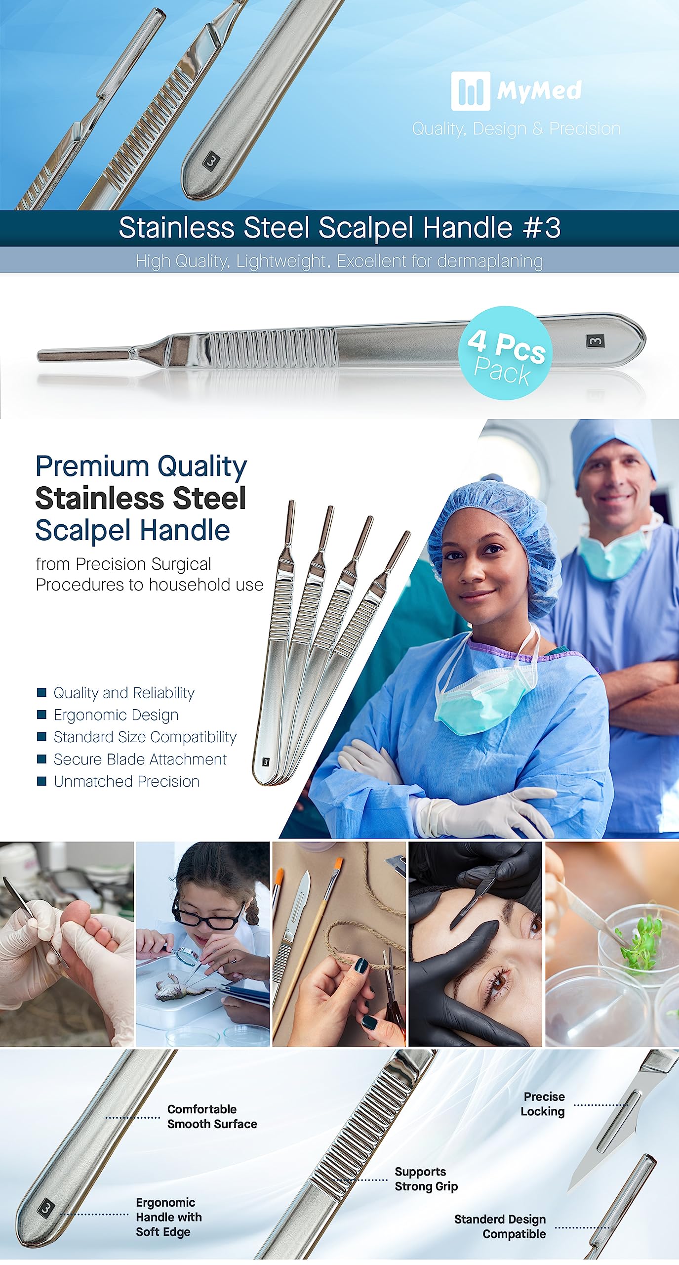 Pack of 4 Scalpel Handle # 3, Premium Quality, Rust Proof Stainless Steel Scalpel Knife Handle, Lightweight and Durable,Fits Surgical Blades No. 10, 11, 12, 13, 14 and 15
