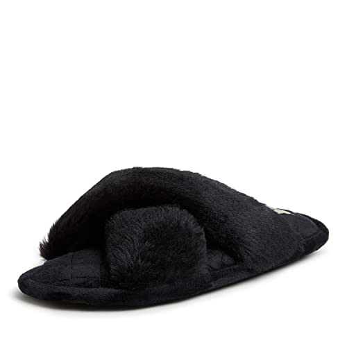 Dearfoams womens Jessica Furry Cross Band Slide Slipper, Black, Large US