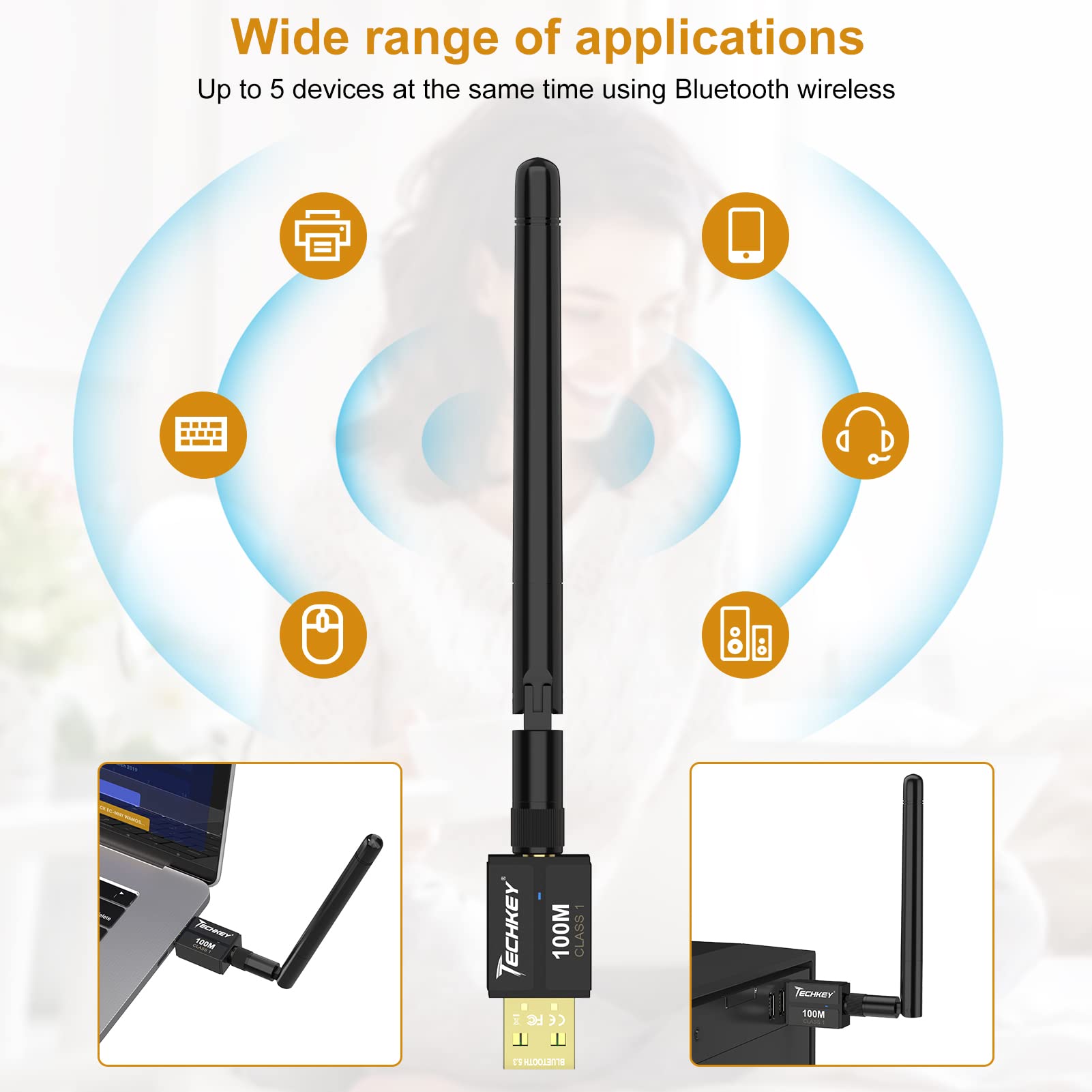 Long Range USB Bluetooth 5.3 Adapter for Desktop PC - 328FT Wireless Transfer for Mouse, Keyboard, Headphones - Win11/10/8.1 Support