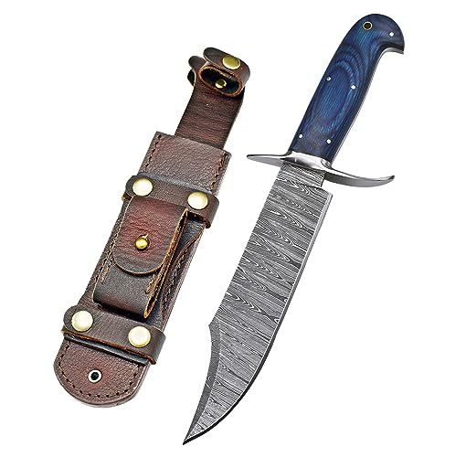 TIGEROUS 13'' Hunting Bowie Knife, Full Tang Fixed Blade, Wood Handle Damascus Steel Knife with Scout Horizontal Carry Leather Sheath for Camping, Hiking, Survival (Blue Pakka Wood)