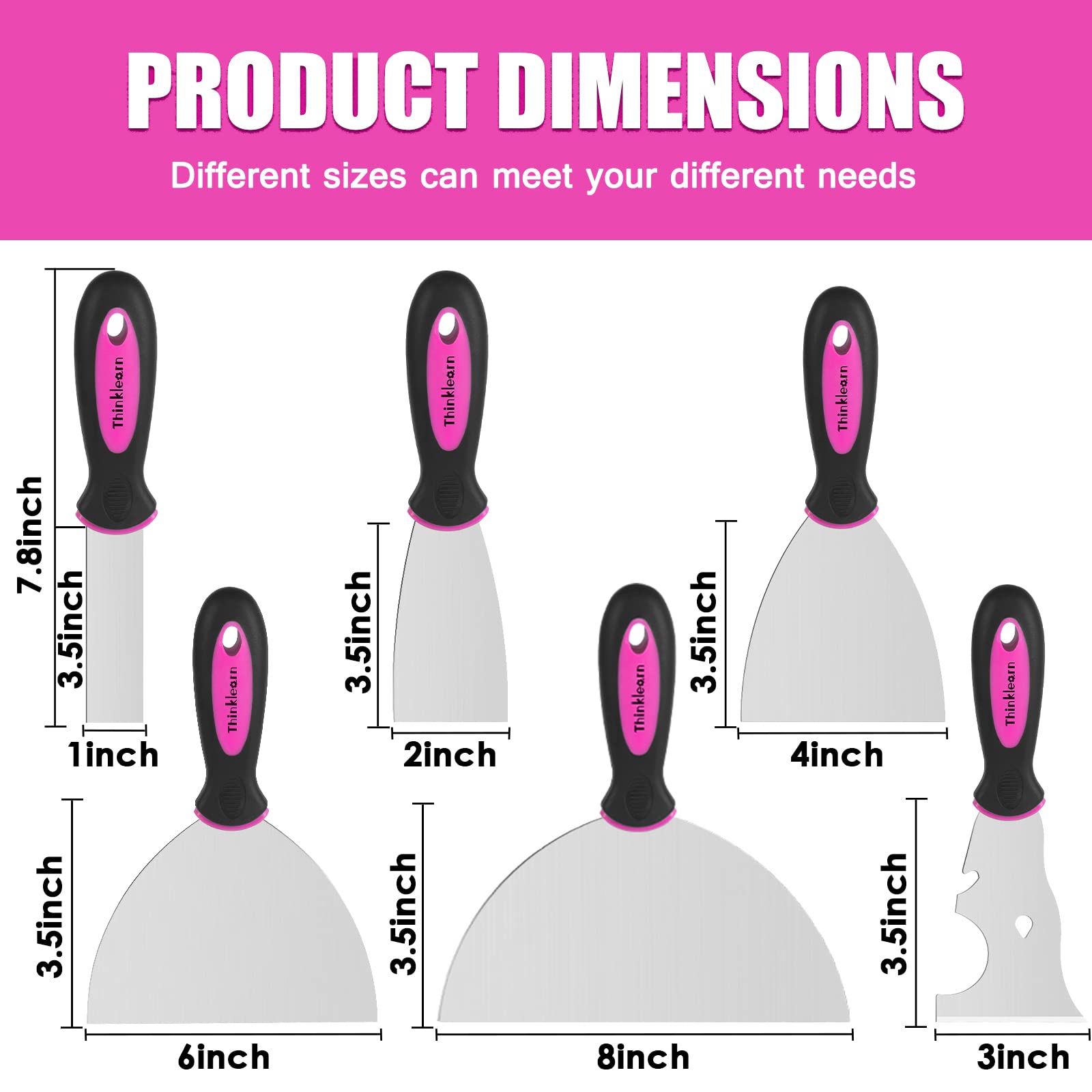 ThinkLearn Pink Putty Knife Set, Drywall Tools1" 2" 3" 4" 6" 8", Stainless Steel Putty Knife, Wallpaper Scraper Tool for Painting, Decorating, Removeing Decals and Mud(6PCS)