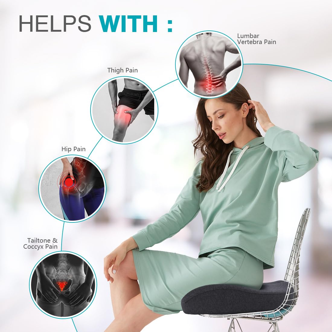 WISHSMILE Memory Foam Seat Cushions for Desk Chair, Car Driver with Better Coccyx Pressure Back Pain Relief and Body Weight Dispersing Effects, Seat Pad for Kitchen, Stadium and Classroom