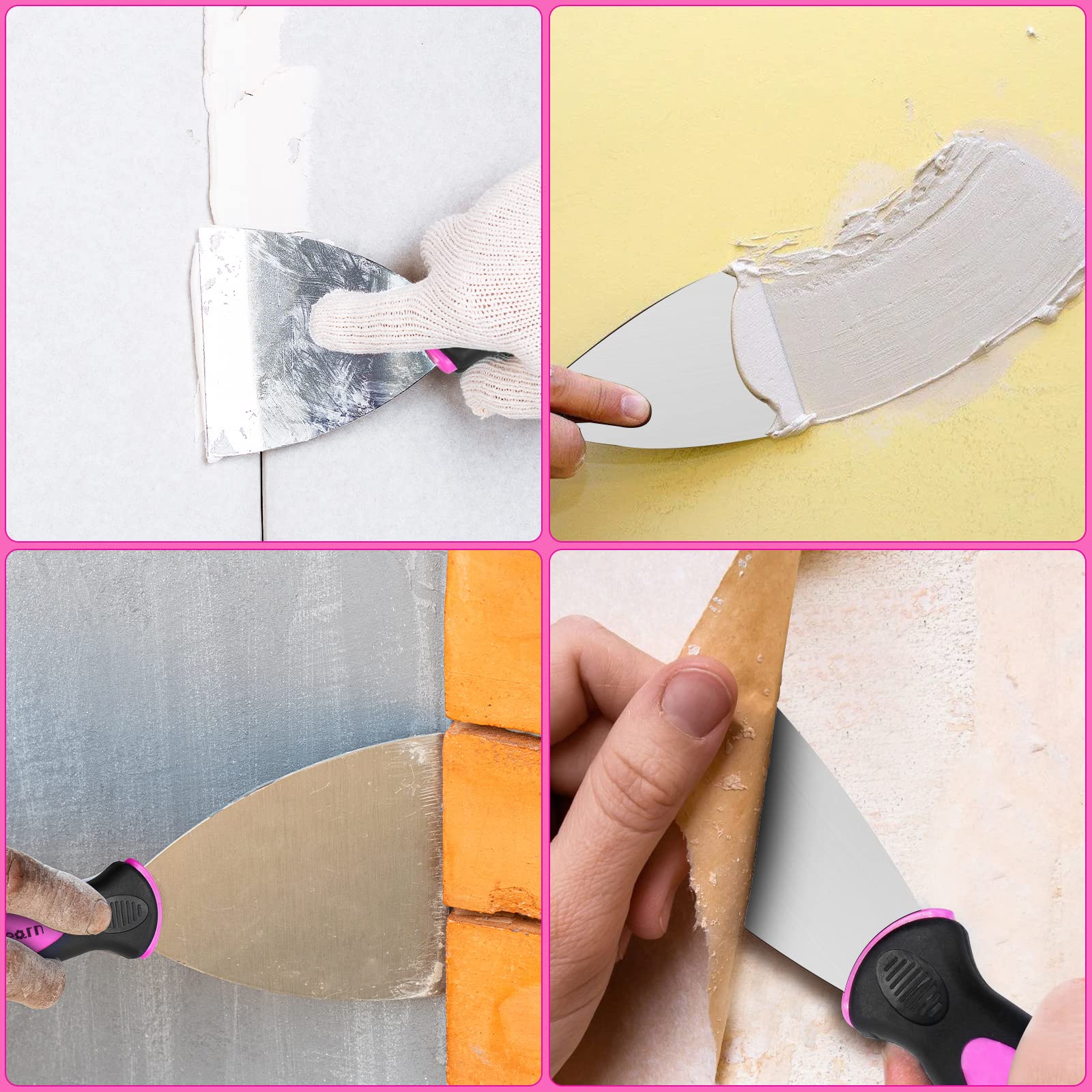 ThinkLearn Pink Putty Knife Set, Drywall Tools1" 2" 3" 4" 6" 8", Stainless Steel Putty Knife, Wallpaper Scraper Tool for Painting, Decorating, Removeing Decals and Mud(6PCS)