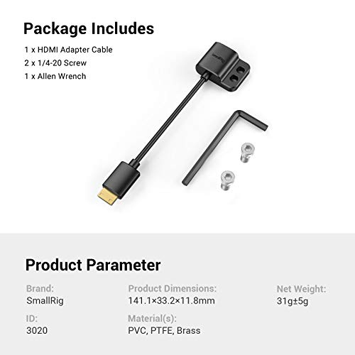 SMALLRIG Ultra-Slim 4K HDMI Adapter Cable, Female HDMI Type A to Male Mini-HDMI Type C, 4K@60HZ, for Nikon Z6, Z7, D780 / for Canon EOS RP, 5D Mark IV - 3020