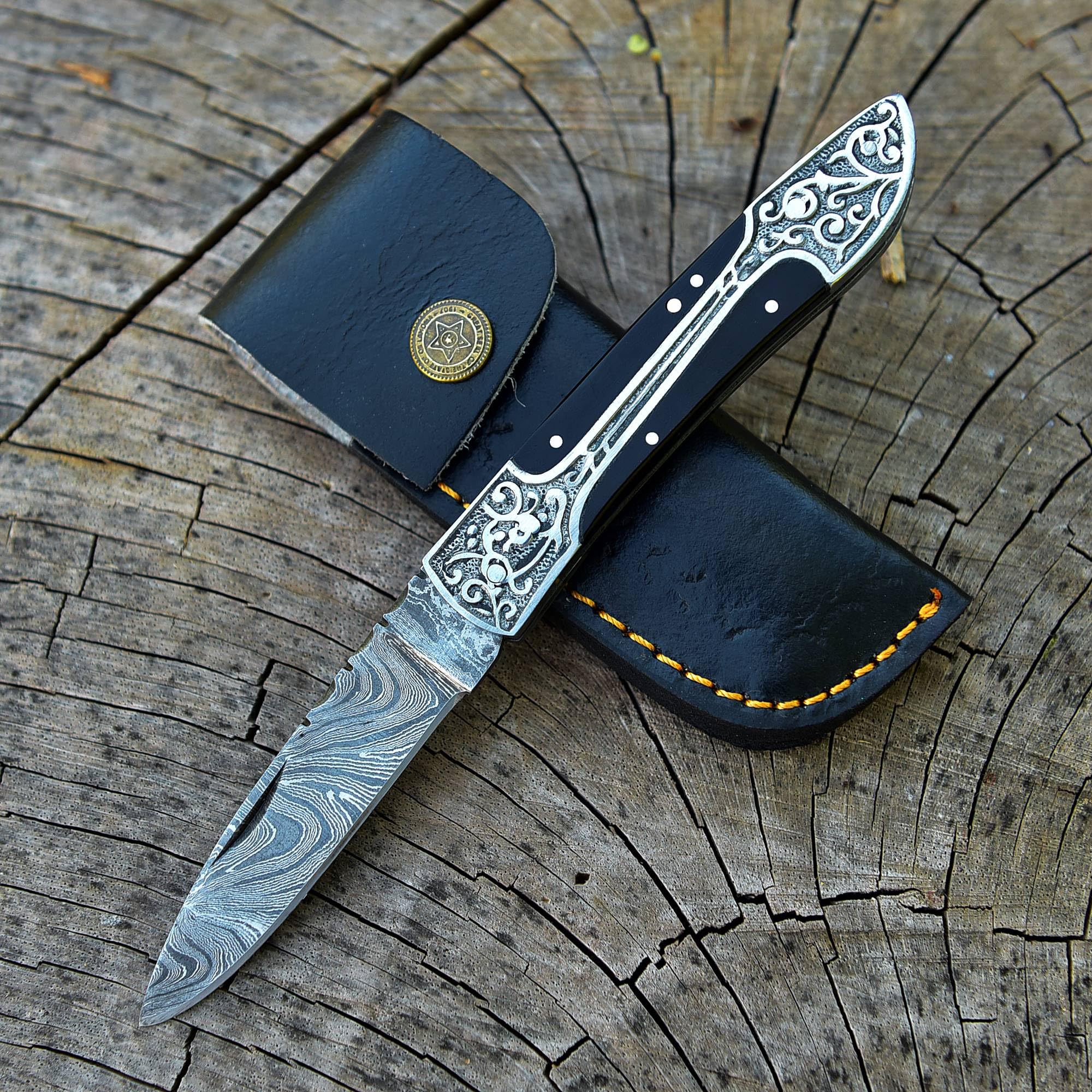 Tbp Forged Damascus Hunting Knife For Fishing Skinning Outdoor Edc Camp Handmade Damascus Steel Survival Bowie Knife With Vertical Belt Loop Sheath 10 Inch Fixed Blade Belt Knife For Camping, Bushcraft Ergonomic Walnut Wood Handle Cool Knives For Men (Fol