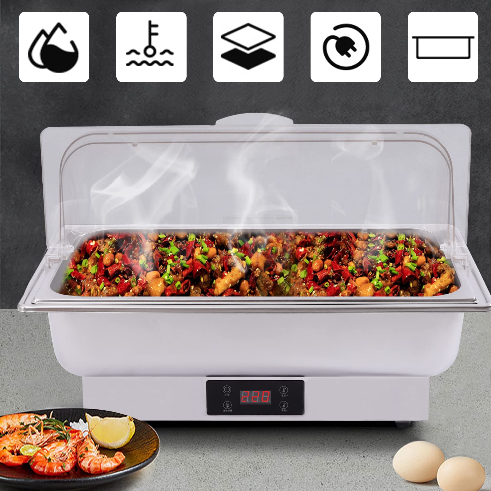 PIAOCAIYIN Chafing Dish Buffet Set, 110V 14QT Electric Chafing Dish, Stainless Steel Buffet Servers and Warmers, 86-194℉ Temperature Adjustment, 1 Food Trays, Chafers for Catering/Buffets/Parties