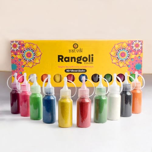 SATVIK 10 Shades of Rangoli Colors More Quantity Easy to Store Glitter Rangoli Colours Kit (No GULAL) Festival/Festive Multi Colors Powder Art Crafts Painting, Diwali Housewarming Return Gifts Items