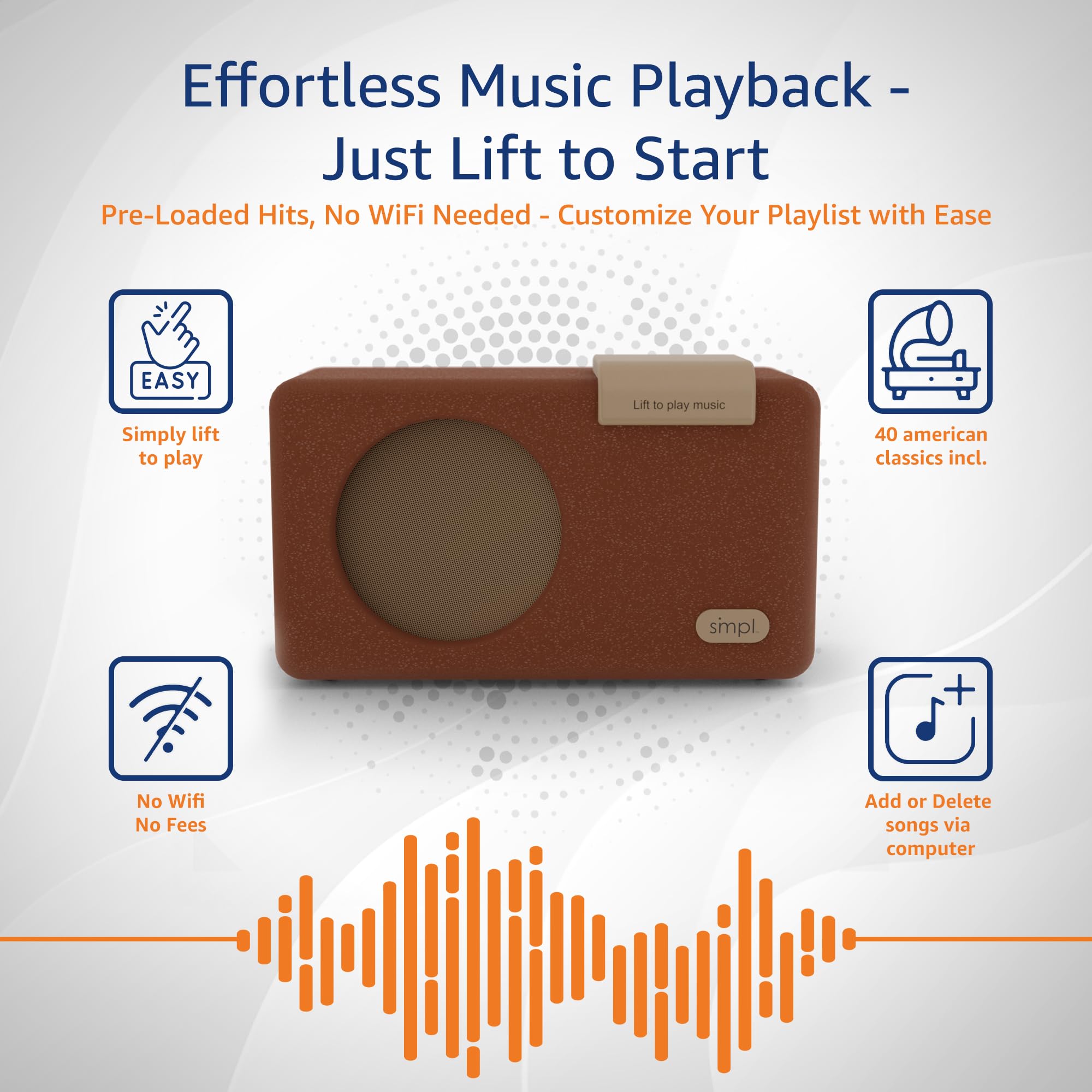 SMPL Music Player with Lifter for Seniors - Audiobooks + MP3 Player Sound, Durable Wooden Enclosure, Retro Look, 4GB USB with 40 Nostalgic Hits - Live Support (Brown)