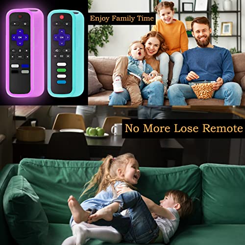 2Pack Remote Case for Roku Express 4K+ 2021 - Taiyiluo Silicone Universal Protective Controller Sleeve Compatible with TCL Roku | Hisense Roku | Streaming Stick+ with Lanyards(Glow Purple & Sky Blue)