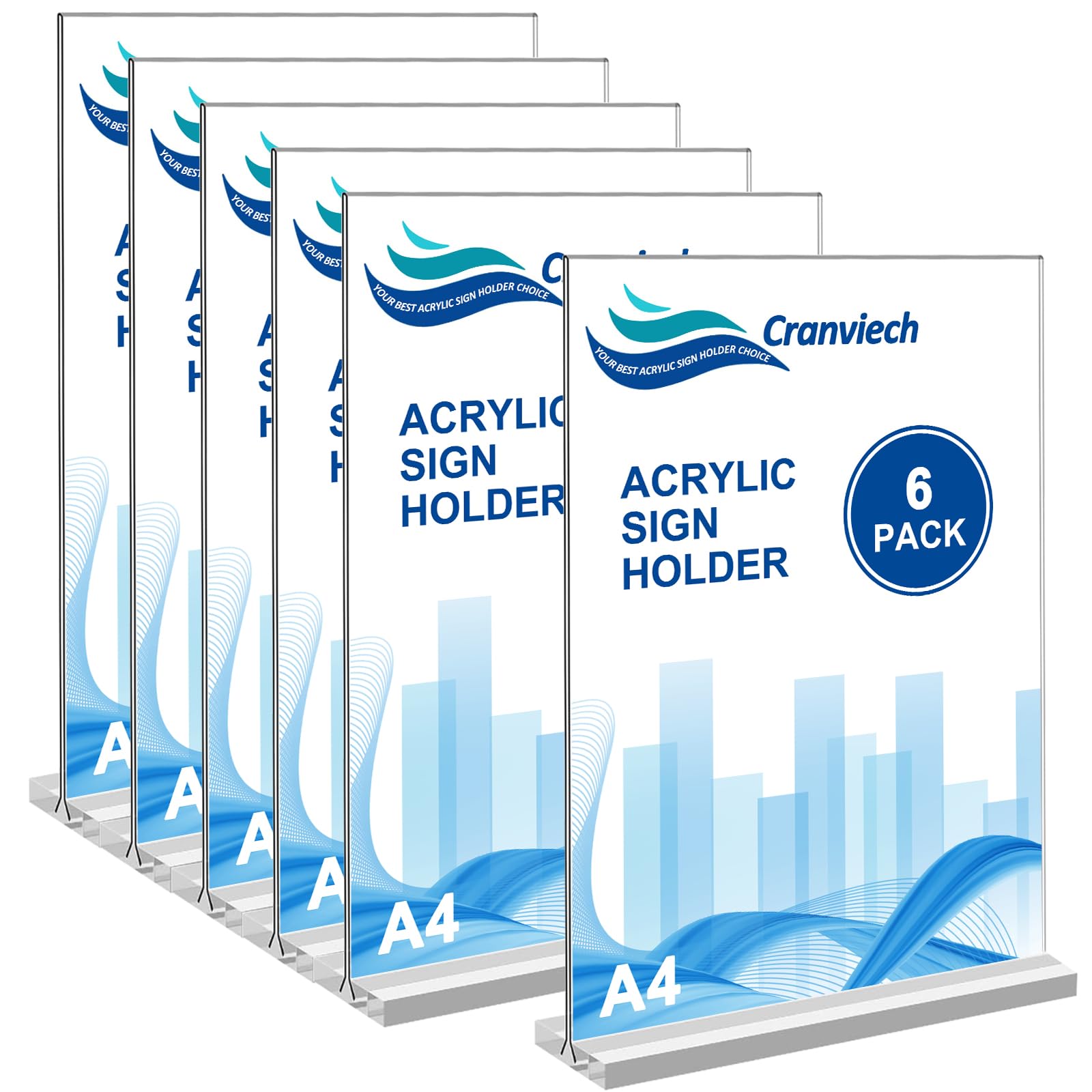 Cranviech 6 Pack 8.5 x 11 Acrylic Display Stand, Double-Sided Vertical, T-Shape Desktop, Clear Acrylic, Pedestal Base