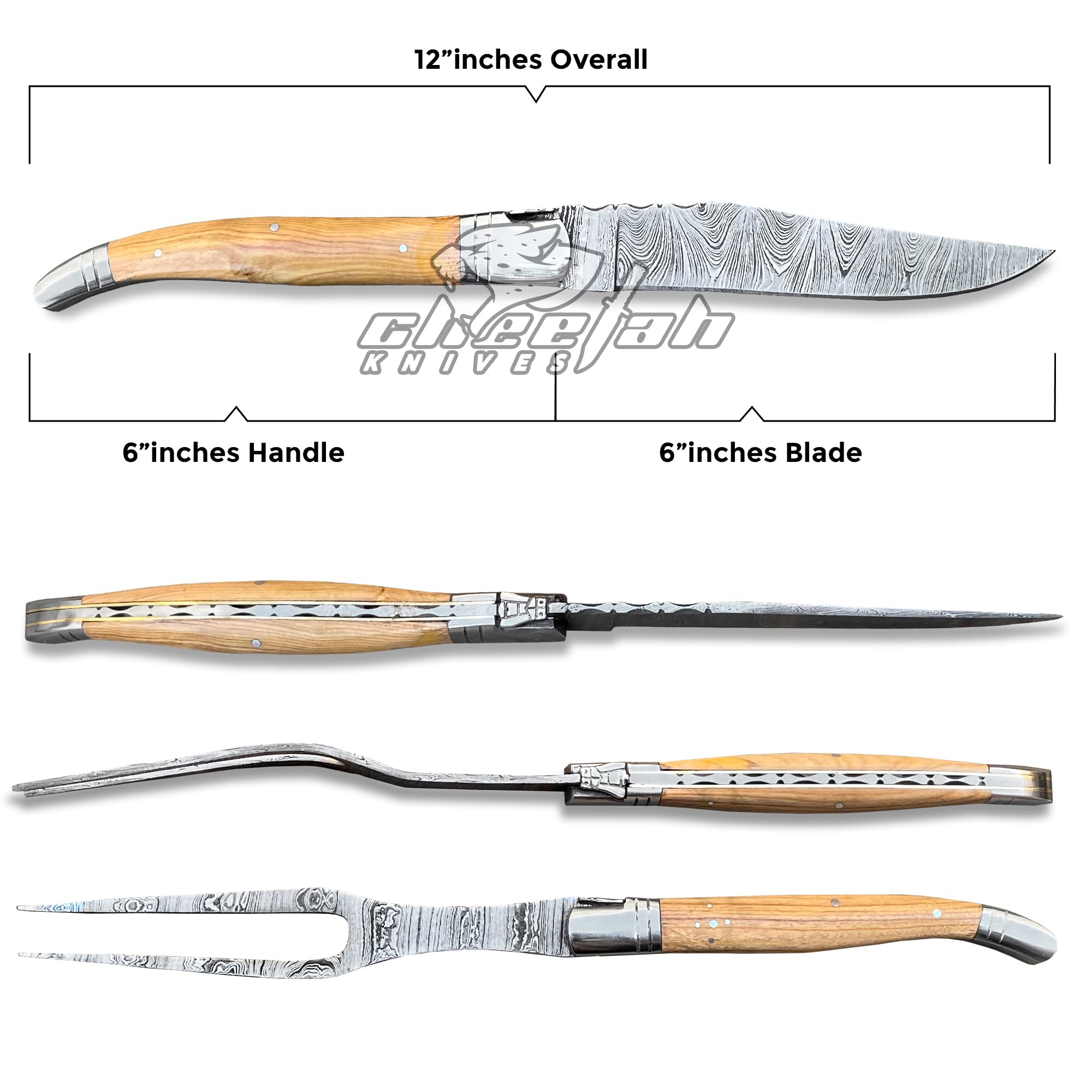 Cheetah Knives Damascus Carving Knife Set with Sheaths, Set of 2 with 12.5" Carving Fork & 12.5" Slicing Knife for Meat Cutting,Turkey,BBQ & Brisket, Made with Natural Olive Wood Handle