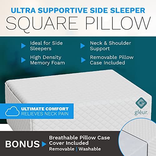 GLEUR Square Pillow for Side Sleepers - Made in USA, Cooling Gel Memory Foam Cushion Cube Pillow - Therapeutic Neck & Shoulder Pain Relief, Cervical Support - Thick Bed Pillow 15"x 12" x 6"