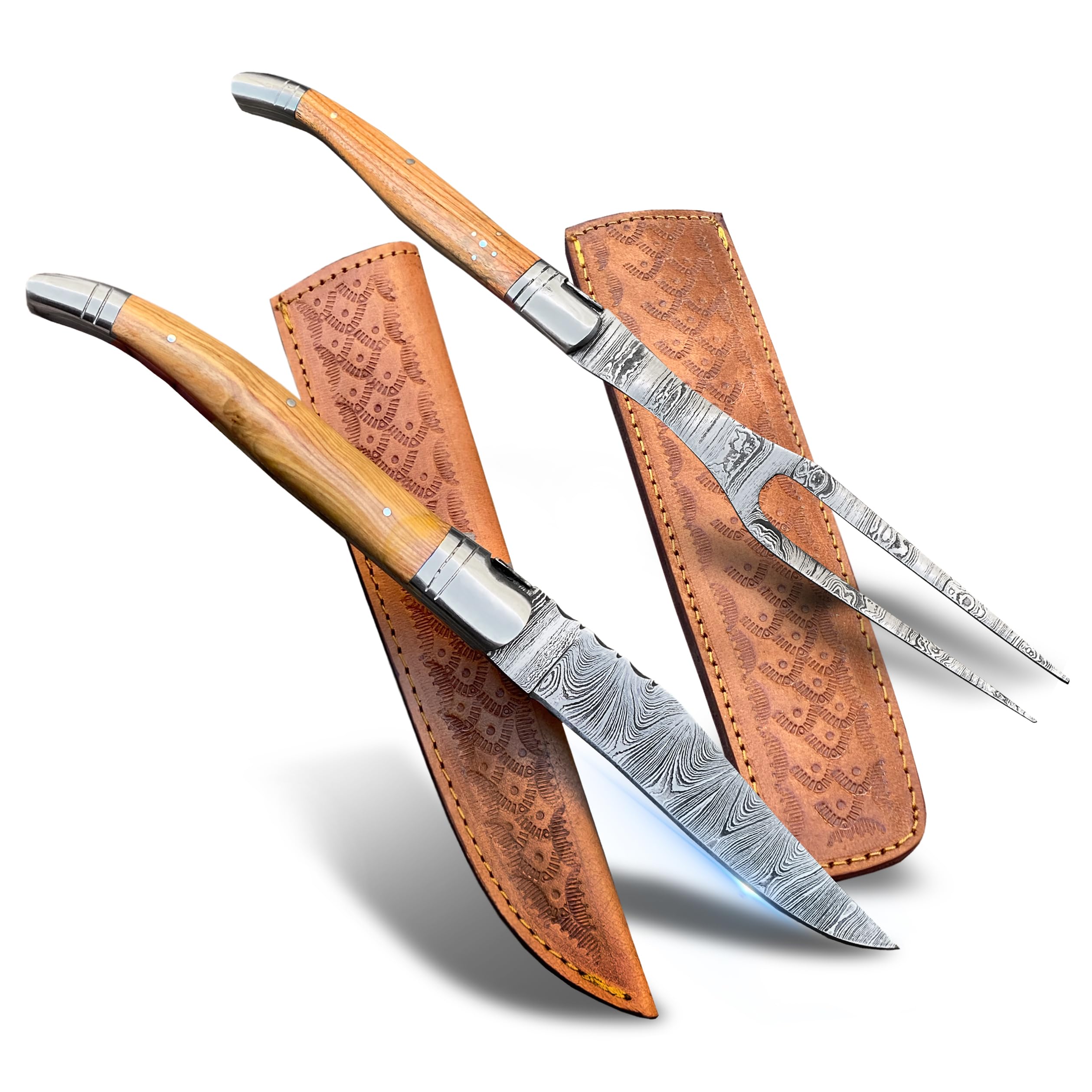 Cheetah Knives Damascus Carving Knife Set with Sheaths, Set of 2 with 12.5" Carving Fork & 12.5" Slicing Knife for Meat Cutting,Turkey,BBQ & Brisket, Made with Natural Olive Wood Handle