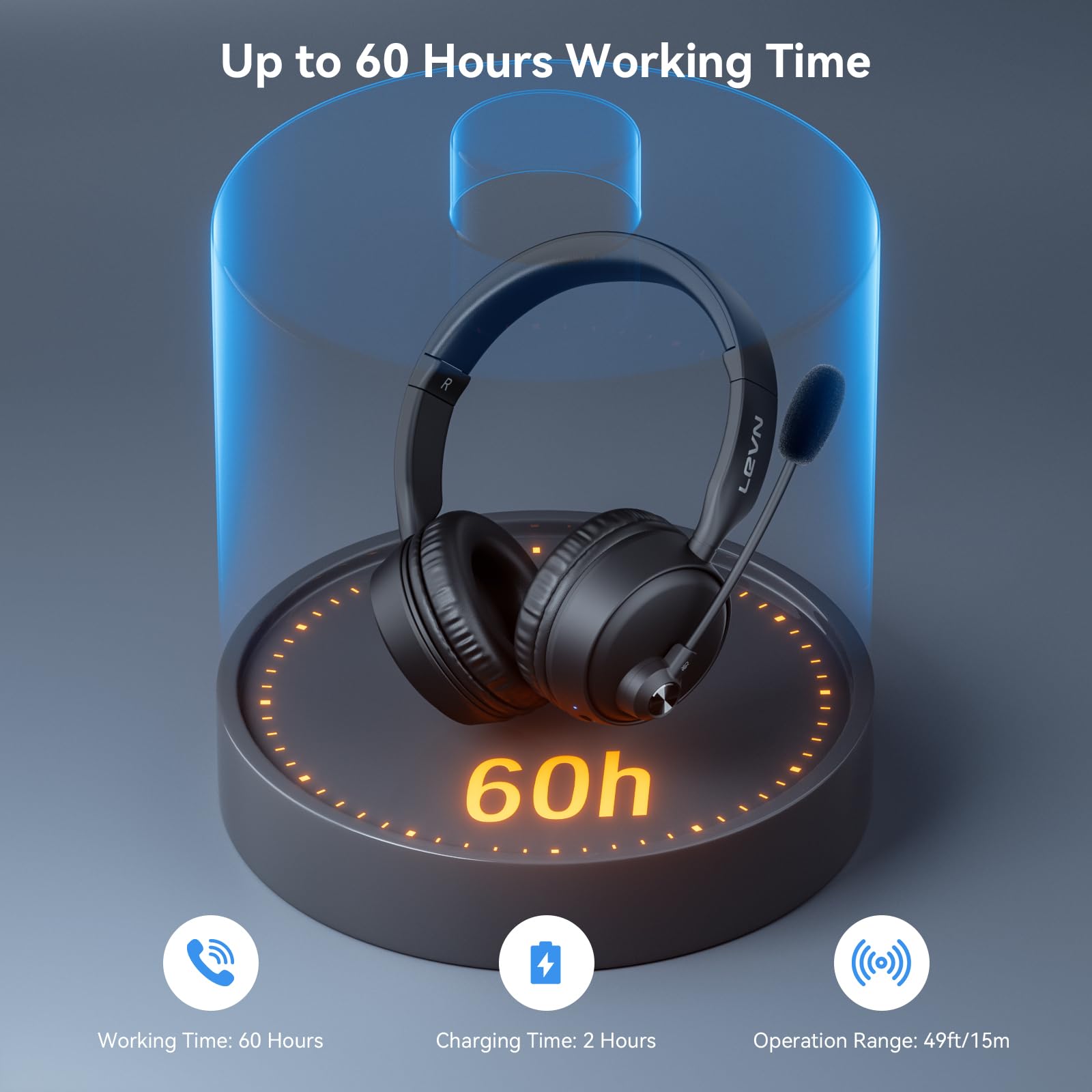 LEVN Bluetooth Headset with Microphone, Wireless Headset with Mic & Mute Button, 60 Hrs Working Time Noise Cancelling Bluetooth Headset 5.3 Multipoint Connect to Cell Phone/Mobile/Laptop/Tablet/PC