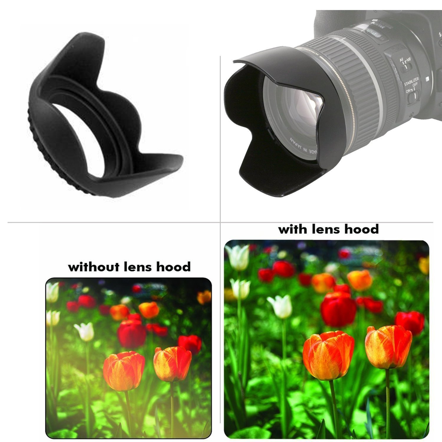 58mm Digital Tulip Flower Lens Hood For Canon Digital EOS Rebel SL1, T1i, T2i, T3, T3i, T4i, T5, T5i EOS60D, EOS70D, 50D, 40D, 30D, EOS 5D, EOS5D Mark III, EOS6D, EOS7D, EOS7D Mark II, EOS-M Digital SLR Cameras Which Has Any Of These Canon Lenses 18-55mm
