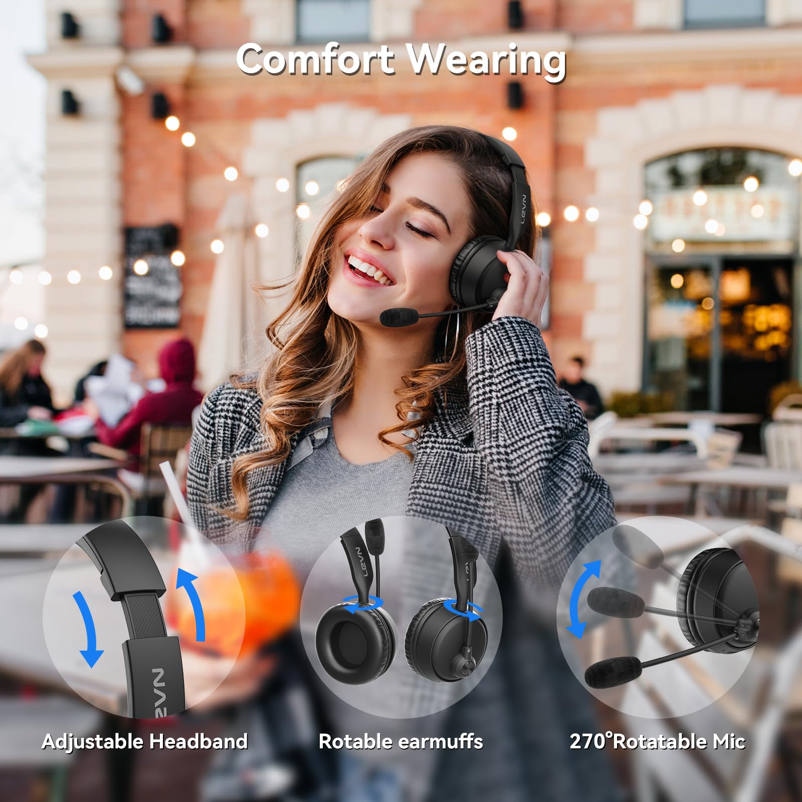 LEVN Bluetooth Headset with Microphone, Wireless Headset with Mic & Mute Button, 60 Hrs Working Time Noise Cancelling Bluetooth Headset 5.3 Multipoint Connect to Cell Phone/Mobile/Laptop/Tablet/PC