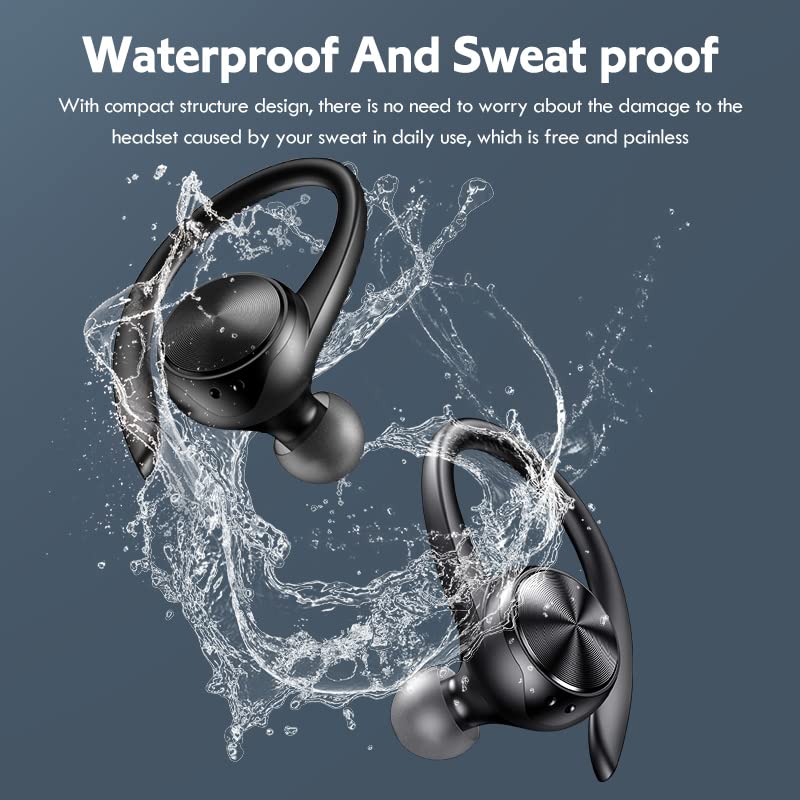 Wireless Earbuds Sport Bluetooth Over Ear Hook Headphones, in-Ear Earphones with Microphone, LED Display, Deep Bass, Waterproof for Running Workout, Buds Android iPhone Laptop Computer, Black (92)
