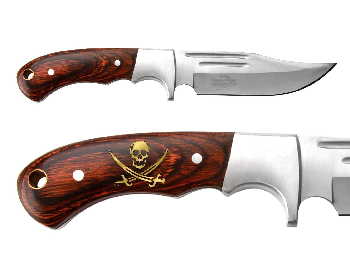 NDZ Performance Elk Ridge ER-052 9.5" Fixed Stainless Steel Blade, Pocket Knife, Hunting Knife, Outdoor Knives for Survival, Camping, Wood Handle with Laser Engraved in Light Gold - Skull Jolly Roger 2