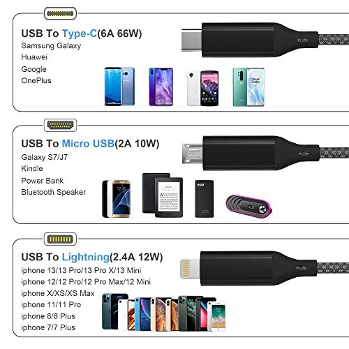 USB C to Multi 3 in 1 USB Long Charger Cable, 2M/6Ft Fast Braided Charging Cord, Universal Multiple Ports Long Charging Cable with USB C/Micro USB/Lightning Connector for iPhones Android