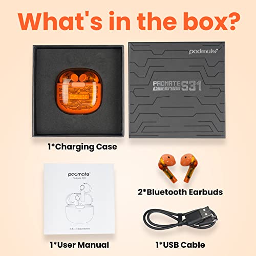 Cyberpunk Printing Wireless Bluetooth 5.3 Earbuds Headphone with Charging Case & Microphone, Noise Cancelling Earbuds, Waterproof Sport Workout Call Music In-Ear Headphones Earbuds Earphones Orange