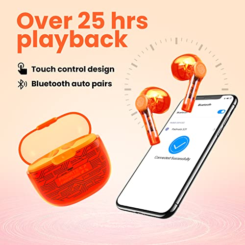 Cyberpunk Printing Wireless Bluetooth 5.3 Earbuds Headphone with Charging Case & Microphone, Noise Cancelling Earbuds, Waterproof Sport Workout Call Music In-Ear Headphones Earbuds Earphones Orange
