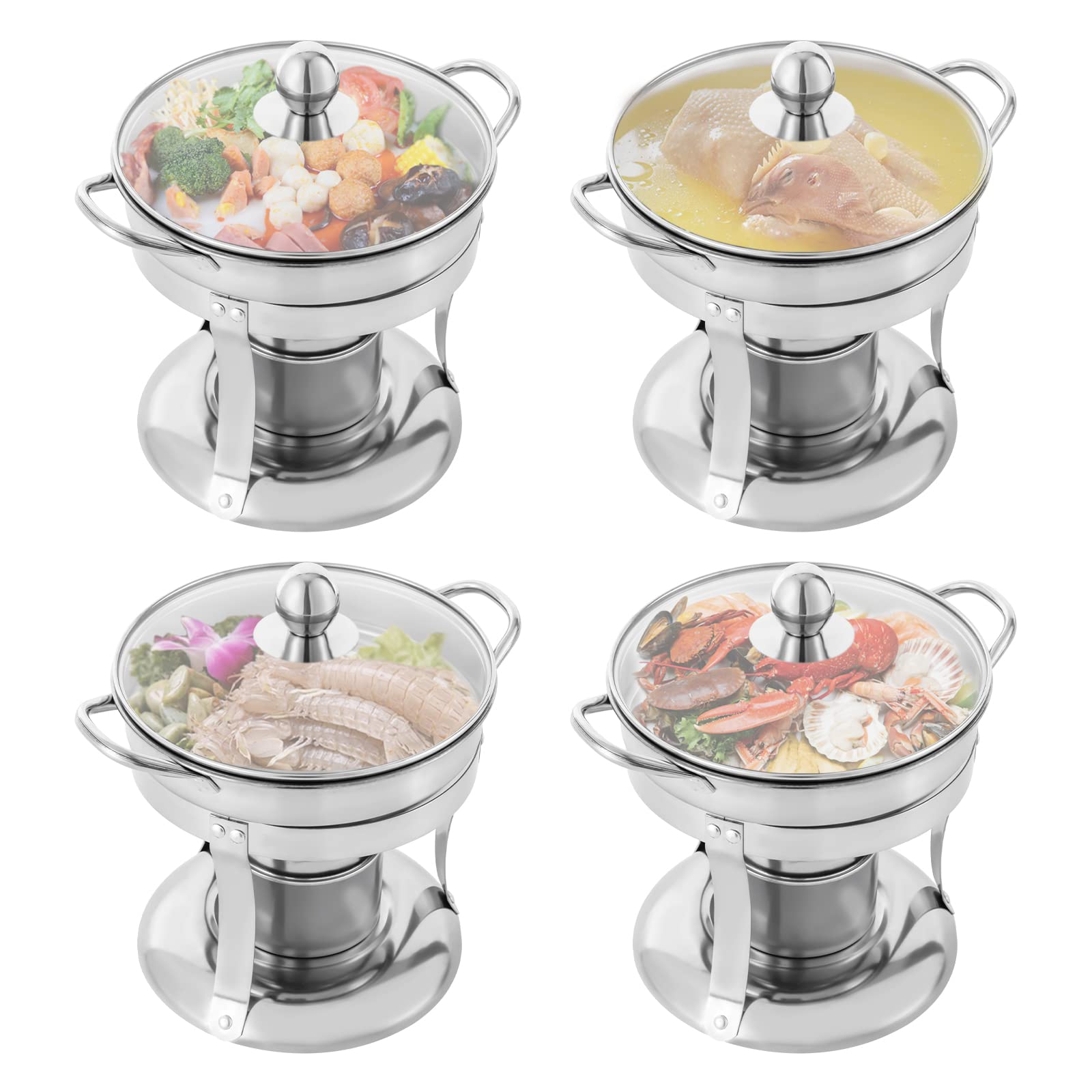 Round Chafing Dish Buffet Set of 4 Stainless Steel Pack Warming Trays Buffet Warmer for Buffets with Lid for Single Hot Pot Catering Event Parties