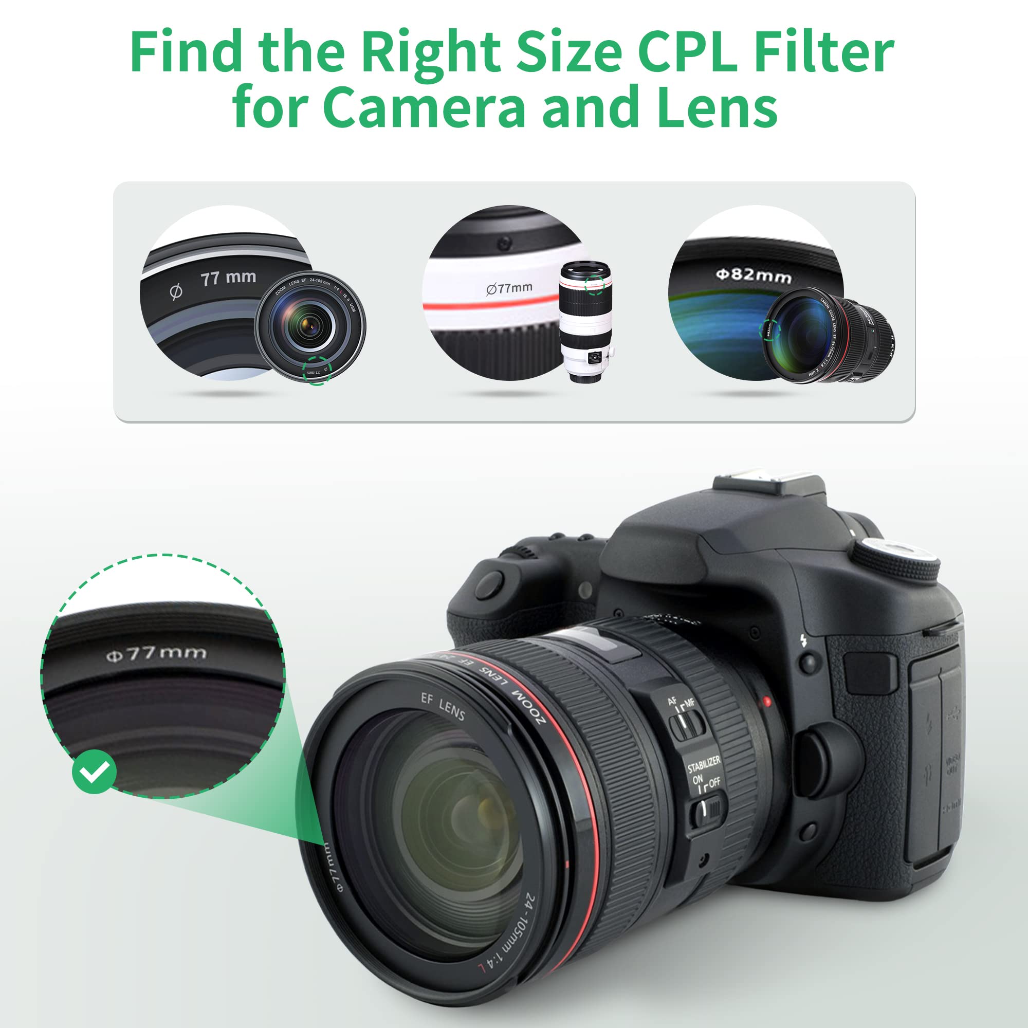 PROfezzion 58mm Circular Polarizer Filter for Canon EOS Rebel T7 T6 T8i T7i T6i T6s SL3 with EF-S 18-55mm Kit Lens, Ultra Slim Multi-Coated Circular Polarizing Filter 12 Layers CPL Camera Lens Filter