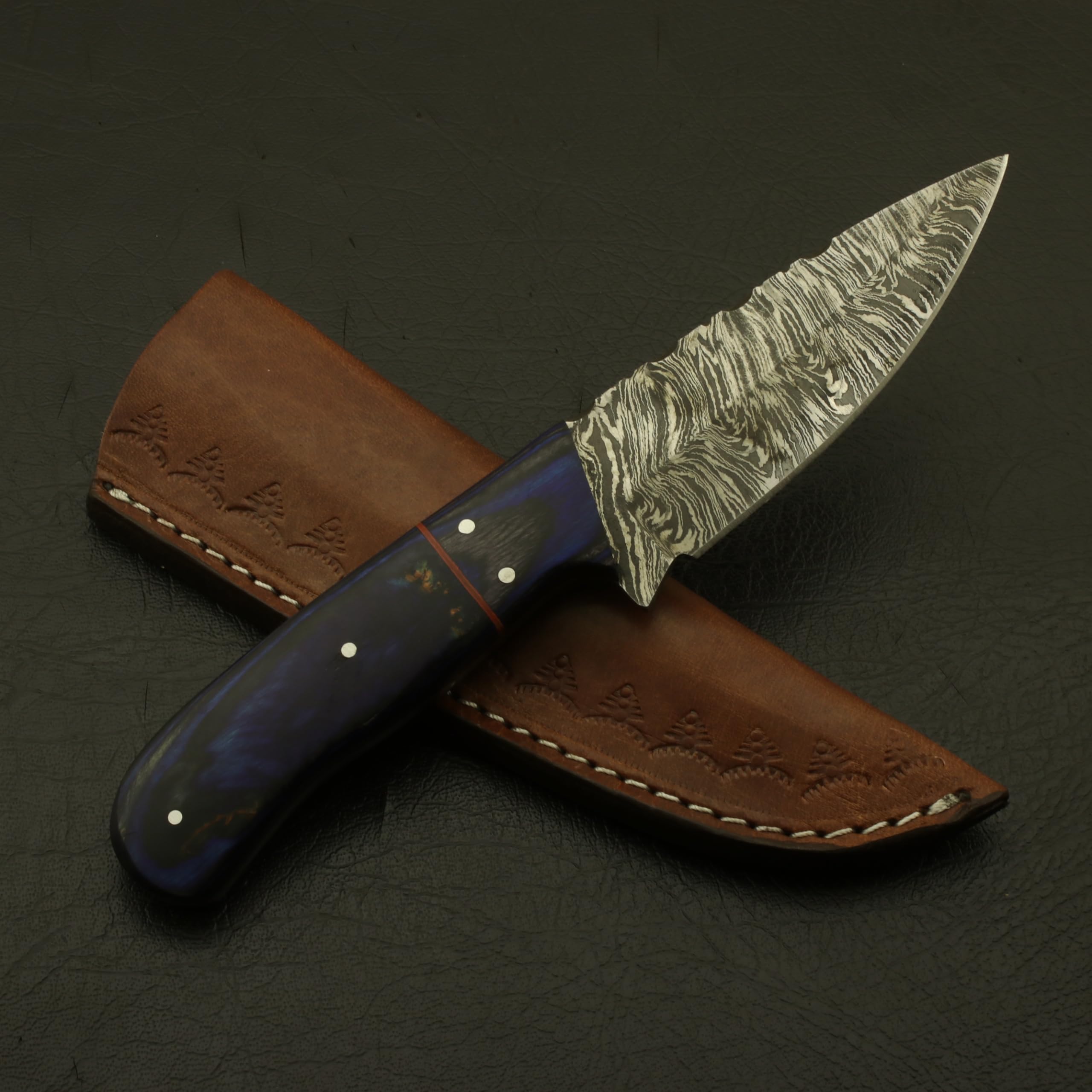Custom Handmade Damascus Steel Camping Tracker Hunting Knife | Beautiful Rose Wood Handle With Leather Sheath