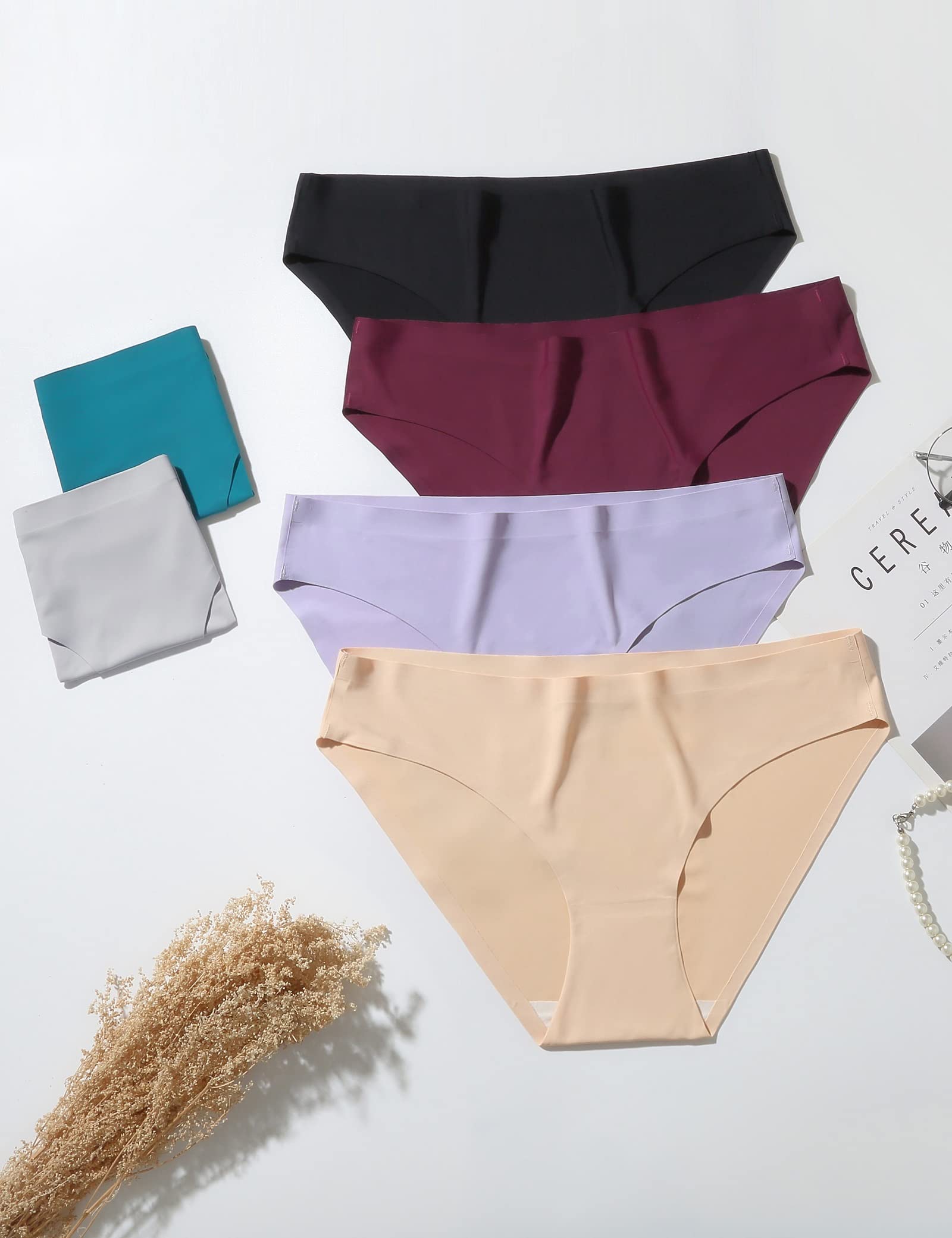 Caterlove Women's Seamless Underwear No Show Stretch Bikini Panties Silky Invisible Hipster 6 Pack (C, Large)