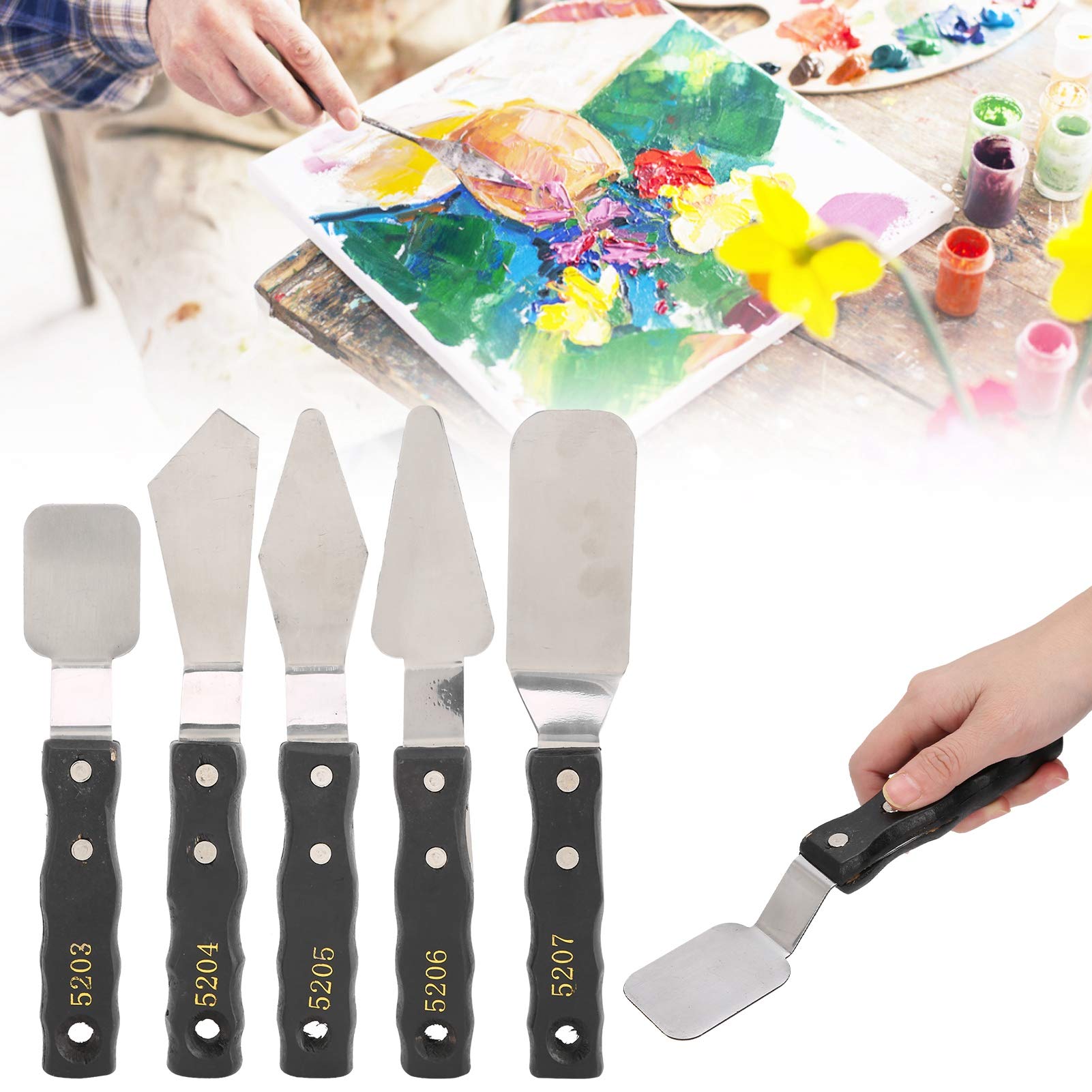 5 Pcs Palette Knives, Durable Stainless Steel Palette Knives Spatula Easy Using Oil Acrylic Paint Artist Knife with Non Slip Wood Handle for Student Adults