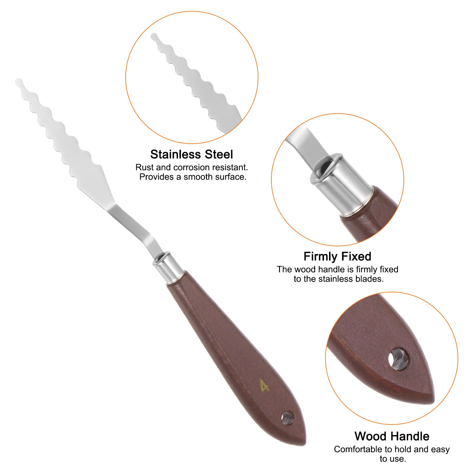 HARFINGTON 4pcs No.4 Palette Knives 15mm Width Stainless Steel Small Pointy Toothed Spatula Painting Pallet Knife with Wood Handle for Oil Acrylic Canvas Mixing Spreading