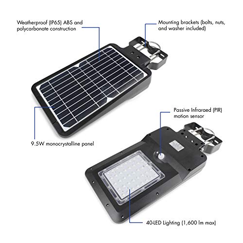 Wagan EL8586 1600 Lumen Integrated Solar Street Lamp Security Flood Light Motion Sensor Waterproof Weatherproof Dusk to Dawn Solar LED Light Lamp for Outdoor Garden Yard Path Parking Lot