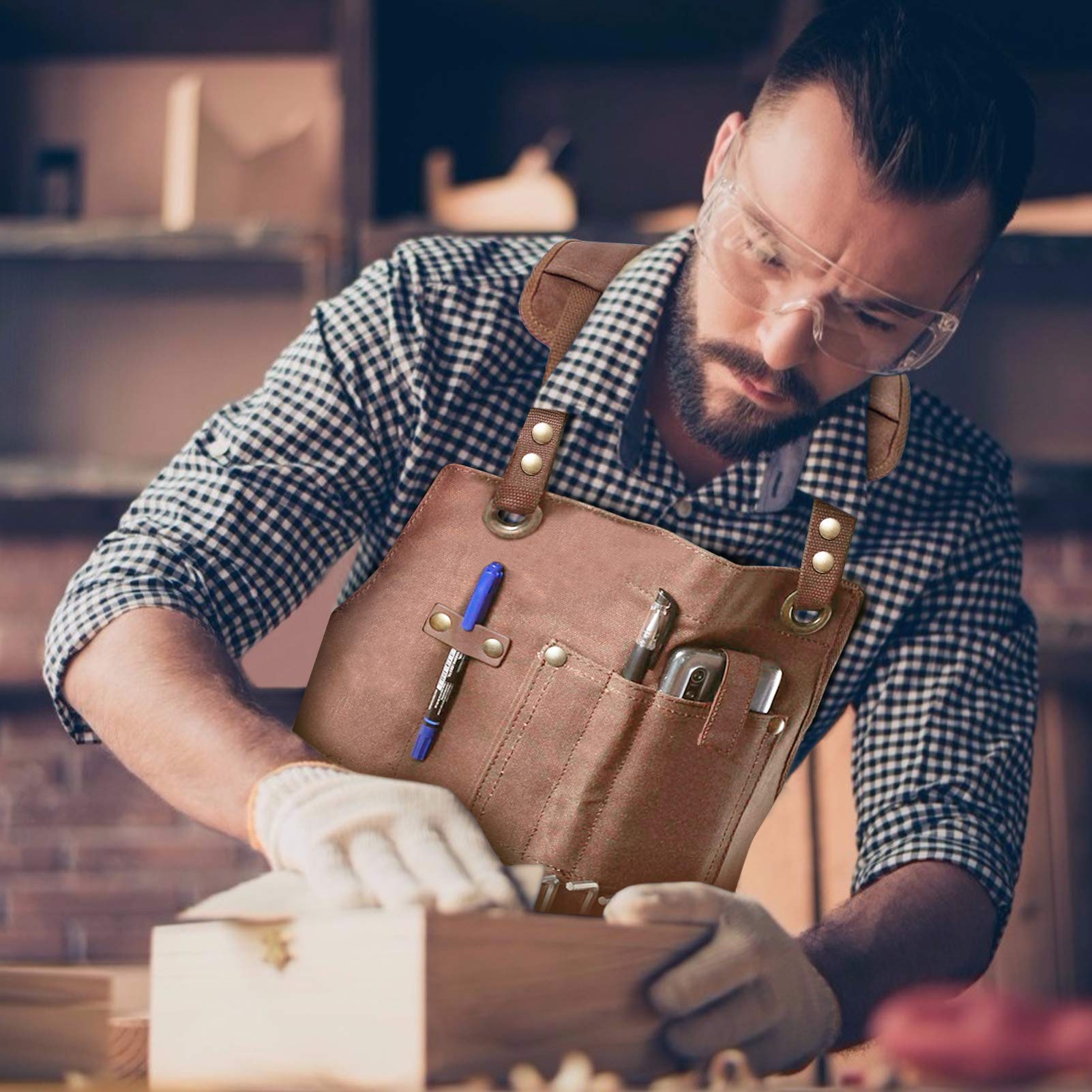 MDHAND Woodworking Apron, Heavy Duty Waxed Canvas Working Tool Apron with 9 Pockets, Adjustable Strap Aprons for Women, Men