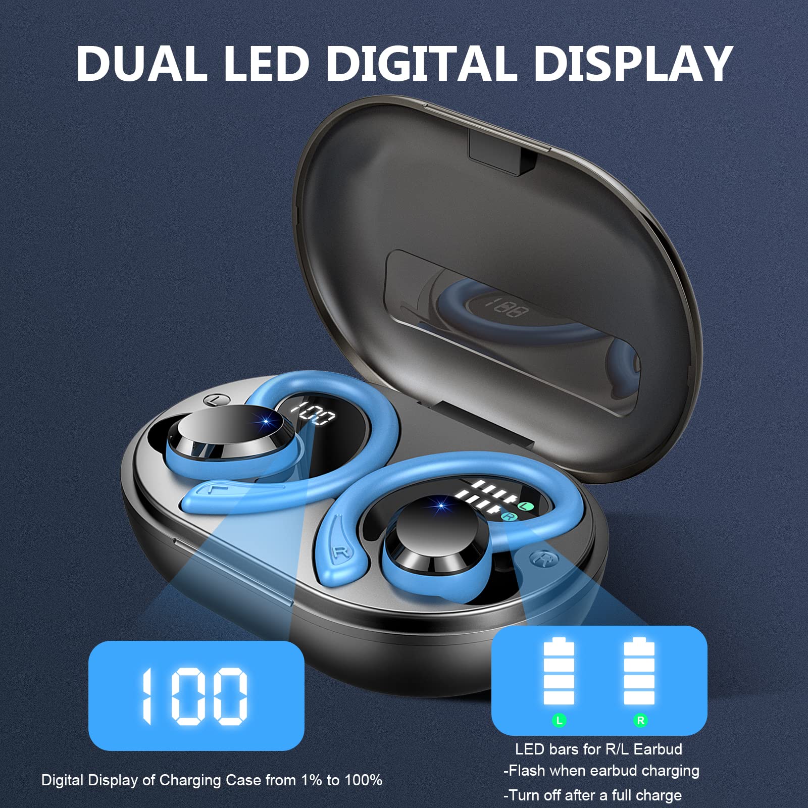 Wireless Earbud, Sport Bluetooth 5.1 Earbud with Earhooks Wireless Earphones in-Ear with Immersive Sound, Bluetooth Headphones IP7 Waterproof, Noise Cancelling, Dual LED Display, 48H Playtime, Blue